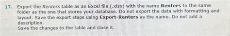 solved 7 export the renters table as an excel file xisx