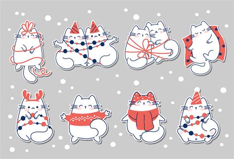 크리스마스와 겨울 벡터 일러스트 레이 션 캐릭터 컬렉션 크리스마스 및 새해를위한 재미있는 고양이를위한 고양이와 함께 재미있는
