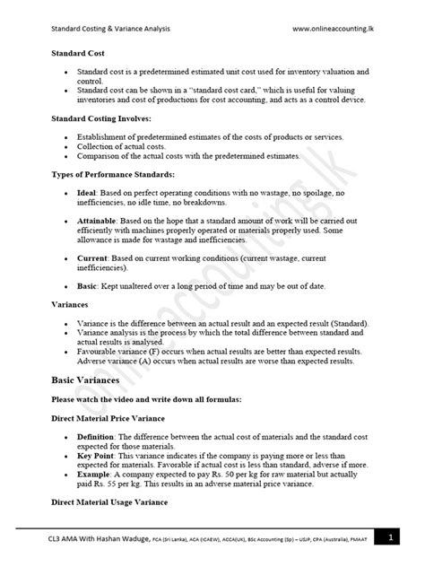 Standard Costing Variance Analysis Pdf Labour Economics Variance