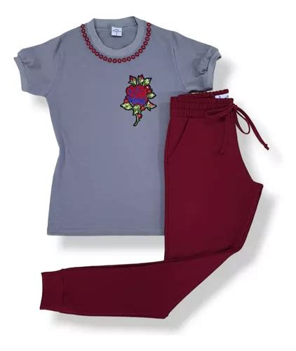 Conjunto Flor Bordado Blusinha Visco Calça Moletom Elastano