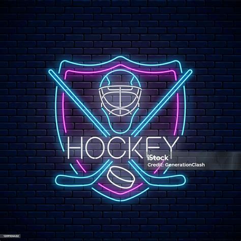 하키 선수권 대회 네온 사인 하키 스틱 퍽과 골키퍼 헬멧 방패 프레임 아이스 하키 대회 로고 Championship에 대한 스톡 벡터 아트 및 기타 이미지 Istock