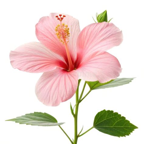 Beautiful Light Pink Hibiscus Flower With Green Leaves Isolated On