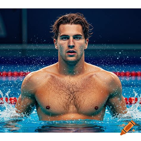 A Muscular Male Swimmer Emerges From The Water In A Pool Water