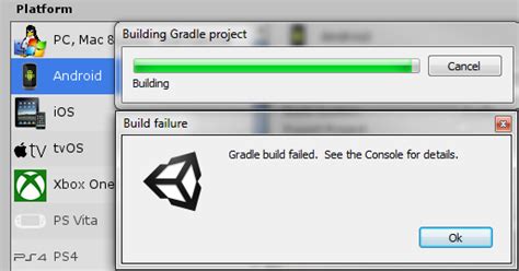 gradle build failed see the console for details unity services