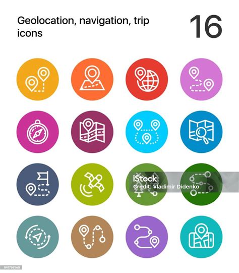 Colorful Geolocation Navigation Trip Icons For Web And Mobile Design Pack 1 Stock Illustration
