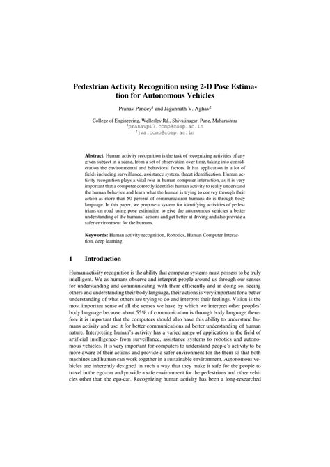 PDF Pedestrian Activity Recognition Using D Pose Estimation For