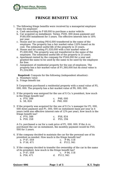 365262937 Fringe Benefit Tax FRINGE BENEFIT TAX The Following Fringe