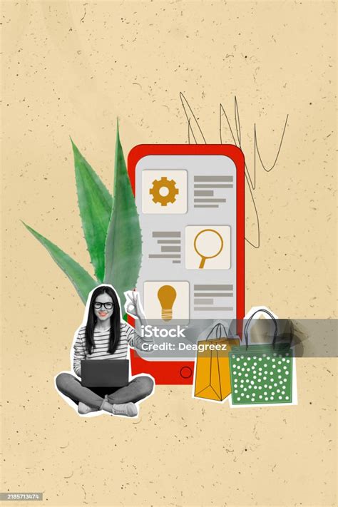 멋진 여자의 크리 에이 티브 일러스트 콜라주 스케치 쇼핑 소비주의 상점 쇼핑몰 부티크 온라인 표시 Okey Sign 20 24세에 대한 스톡 사진 및 기타 이미지 Istock