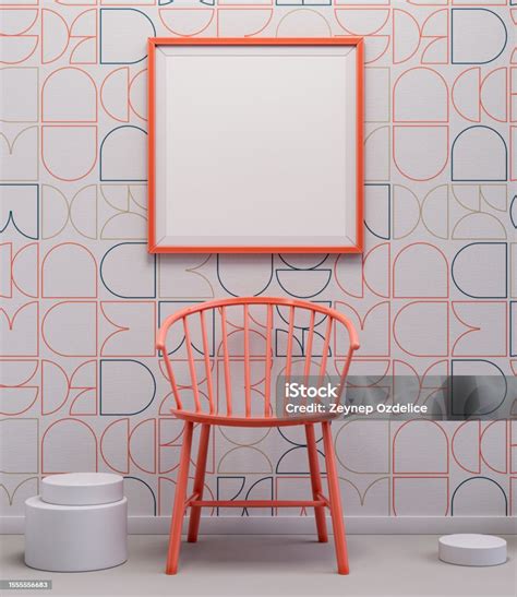 포스터와 제품 진열장 및 복사 공간을 위한 화려한 내부 방의 벽에 주황색의 단일 정사각형 액자 3d 렌더링 0명에 대한 스톡 사진 및 기타 이미지 Istock