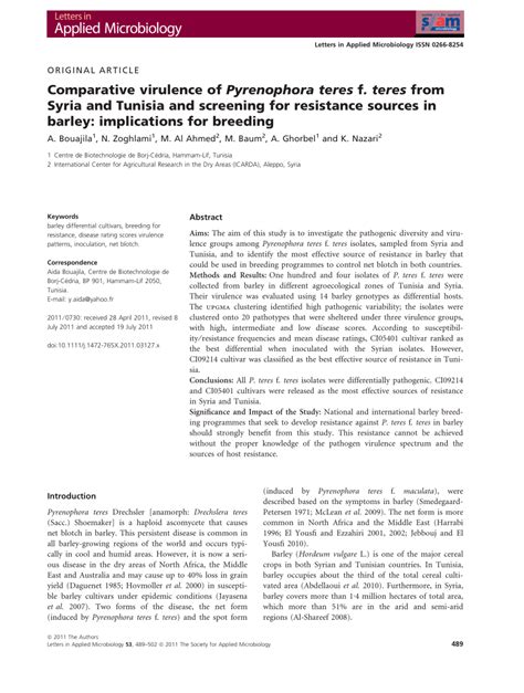 Pdf Comparative Virulence Of Pyrenophora Teres F Teres From Syria