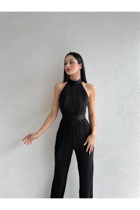 Mooi Butik Misscix Fitilli Kolsuz Halter Yaka Kadın Siyah Tulum Abiye And Mezuniyet Tulum Elbise