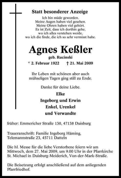 Traueranzeigen Von Agnes Keßler Trauer In Nrw De