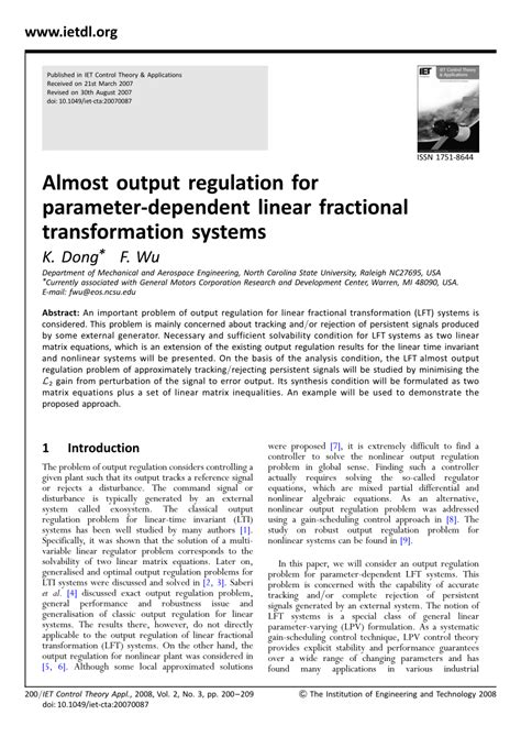 Pdf Almost Output Regulation For Parameter Dependent Linear
