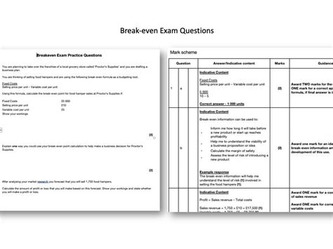 Ocr Cambridge Nationals Enterprise And Marketing Ro67 Break Even Exam Style Questions Teaching