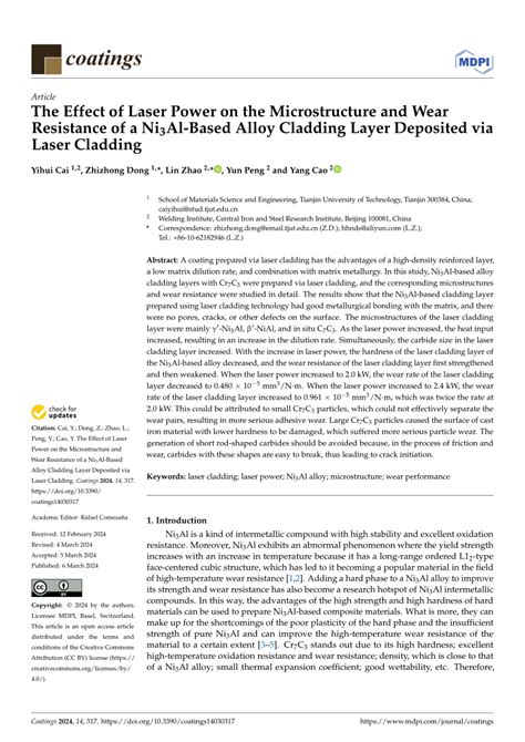 Pdf The Effect Of Laser Power On The Microstructure And Wear Resistance Of A Ni3al Based Alloy