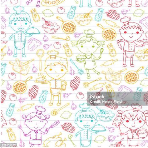 귀여운 아이 요리사 흰색 배경 어린이 요리 부엌 어린이 요리 수업 완벽 한 패턴에 6 7 살에 대한 스톡 벡터 아트 및 기타 이미지 6 7 살 가정 주방 가정의 방
