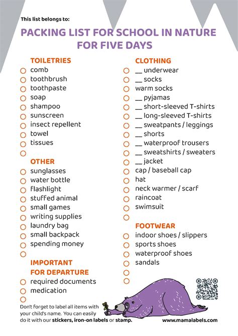 Packing List For School In Nature