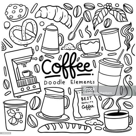 흰색 배경에 고립 된 손으로 그린 커피 숍 테마 세트 공급 품목 및 장비를 포함한 카페 메뉴를위한 커피 및 빵집을위한 낙서 세트 벡터 일러스트 레이 션 0명에 대한 스톡