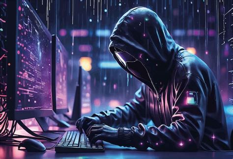 Premium Vector Hacker With Computer In Dark Room With Binary Code