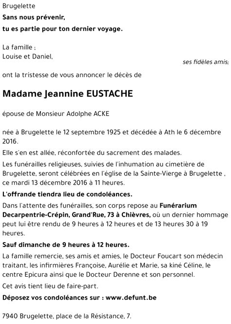 Avis De Décès De Jeannine Eustache Décédé Le 06 12 2016 à Ath Annonce Condoléances Fleurs