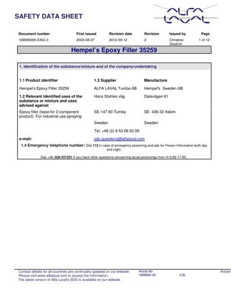 SAFETY DATA SHEET Hempel S Epoxy Filler Alfa Laval
