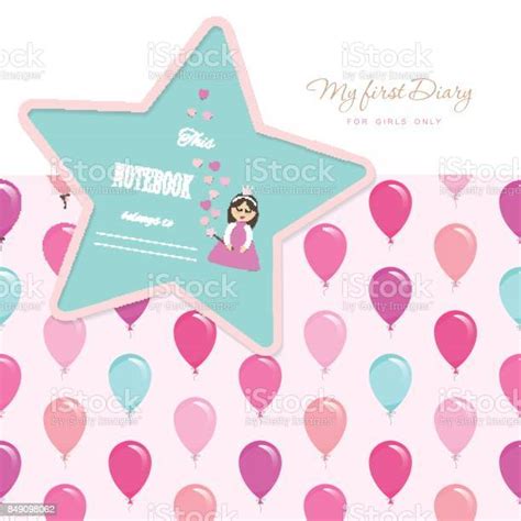 귀여운 소녀 들을 위한 노트북 커버에 대 한 템플릿입니다 내 첫 번째 일기입니다 다채로운 풍선과 함께 완벽 한 패턴을 포함 벡터 Invitational에 대한 스톡 벡터