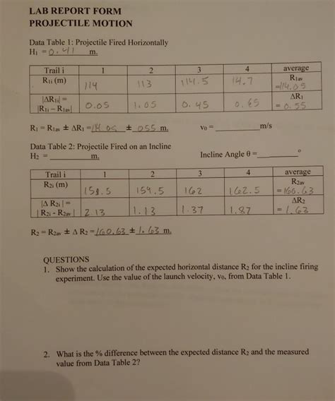 LAB REPORT FORM PROJECTILE MOTION Data Table Chegg
