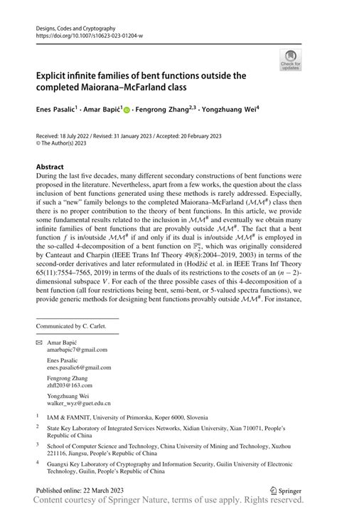 Pdf Explicit Infinite Families Of Bent Functions Outside The
