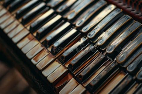 Detailed Closeup Of A Classic Accordion Keyboard With Aged Ivory Keys