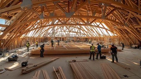 Construction Site With Workers And Wooden Framework Stock Illustration