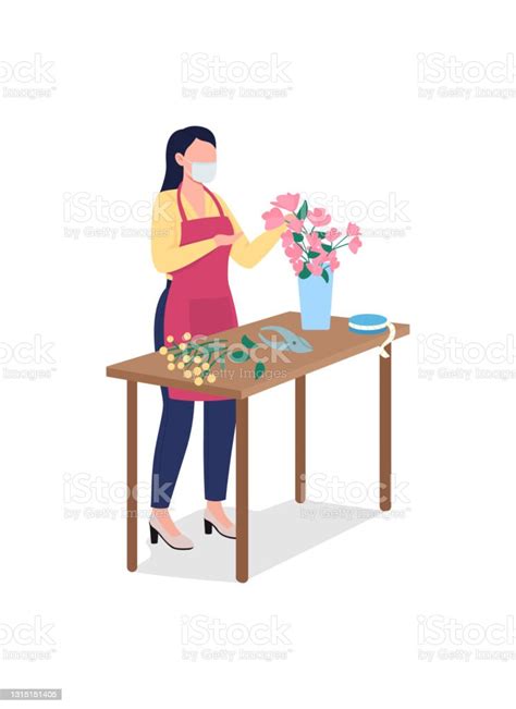 얼굴 마스크 플랫 컬러 벡터 얼굴없는 캐릭터에 여성 꽃집 꽃집 주인에 대한 스톡 벡터 아트 및 기타 이미지 꽃집 주인 2차 도형 가공의 인물 Istock
