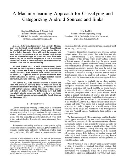 2014ndss A Machine Learning Approach For Classifying And Categorizing Android Sources And