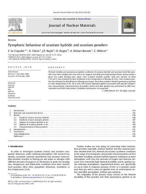 Pdf Pyrophoric Behaviour Of Uranium Hydride And Uranium Powders