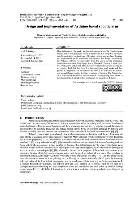 design and implementation of arduino based robotic arm pdf robotics