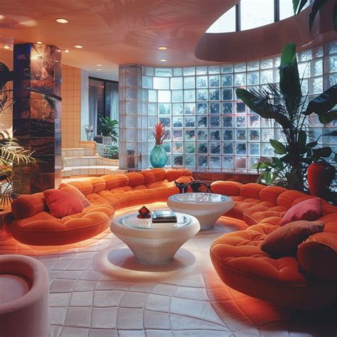 70s 80s Aesthetic Retro Orange Living Room Couch Glass Brick In 2024