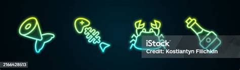 세트 라인 생선 꼬리 해골 게 간장 병 빛나는 네온 아이콘입니다 벡터 갈고리 발톱에 대한 스톡 벡터 아트 및 기타 이미지 갈고리 발톱 갑각류 게 Istock