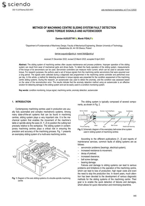 Pdf Method Of Machining Centre Sliding System Fault Detection Using Torque Signals And Autoencoder