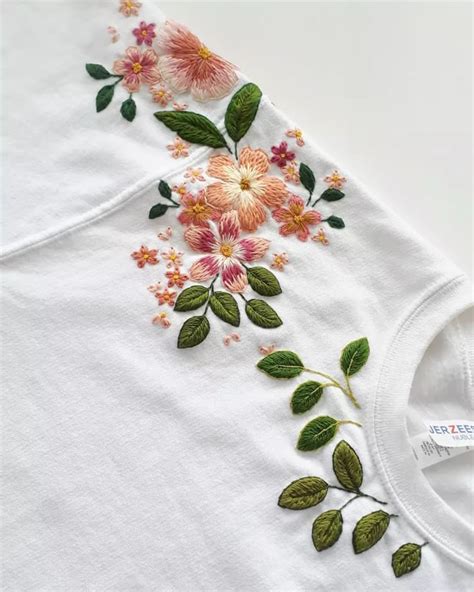Hand Embroidered T Shirt With Floral Details