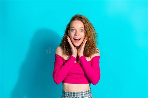 Portrait Of Lovely Young Girl Open Mouth Wear Pink Top Isolated On