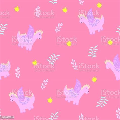 공룡 소녀 원활한 패턴입니다 아이 직물 옷 액세서리 생일 파티 장식을 위한 핑크 드래곤과 함께 손으로 그린 그림 낙서 벡터 만화 캐릭터 프린트 디자인 의류 0명에 대한 스톡