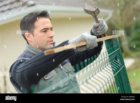 Man Fixing Fence Stock Photo Alamy