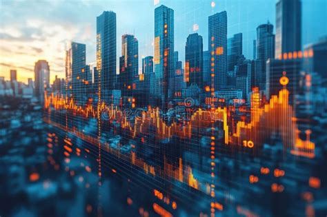 Dynamic City Skyline At Sunset With Financial Data Visualization Overlay Illustrating Market