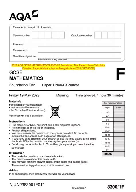2023 Aqa Gcse Mathematics 8300 1f Foundation Tier Paper 1 Non