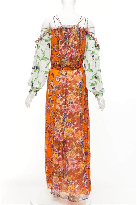 Tory Burch Shasta Green White Contrast Floral Silk Cold Shoulder Maxi
