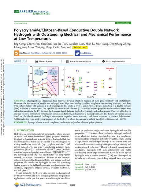 Polyacrylamidechitosan Based Conductive Double Network Hydrogels Pdf