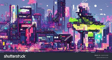 사이버펑크 시티 나이트 복고 초현대적인 픽셀 스톡 일러스트 2164741369 Shutterstock