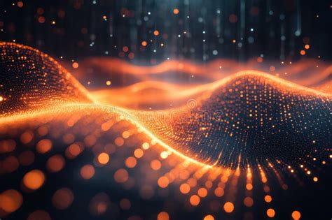 Abstract Digital Landscape With Glowing Orange Waves And Shimmering Particles In A Dark Space