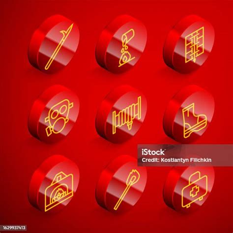 세트 라인 금속 파이크 폴 양동이 소화 화재 대피 계획 방독면 소방 호스 릴 부츠 인테리어 벽난로 및 아이콘과 불타는 성냥 벡터 3차원 형태에 대한 스톡 벡터 아트 및 기타