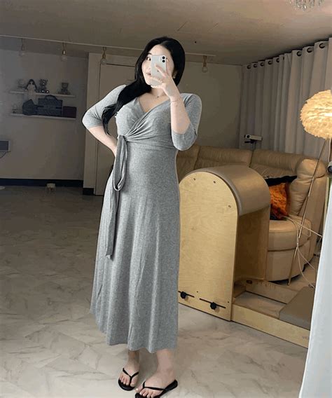 골지 여름 칠부소매 트임 롱 랩 원피스 에이블리