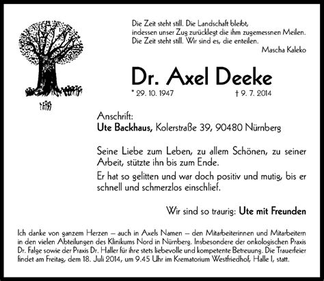 Traueranzeigen Von Axel Deeke Trauernnde